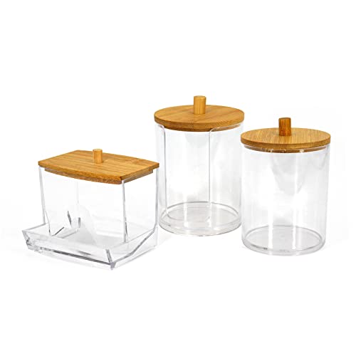 Yujanery 3 Pack Qtip Holder, 10/7-Ounce Bathroom Organizer Accessories Storage Containers Clear Plastic Apothecary Jars with Bamboo Lids for Cotton Ball, Cotton Swab, Floss