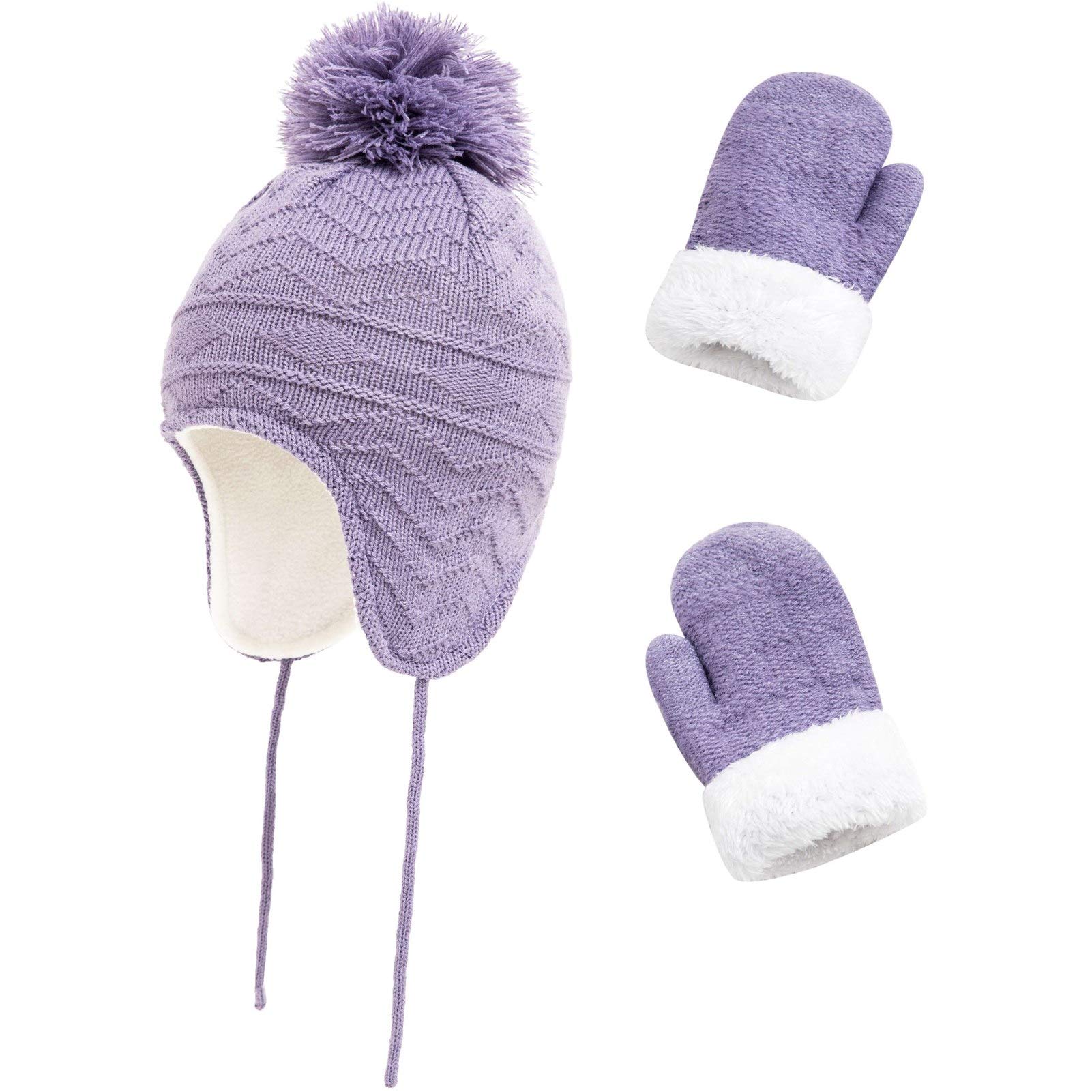Kids Winter Beanie Hat Mittens Set Warm Fleece Hat Baby Toddler Knitted Hat & Gloves for Boys, Girls