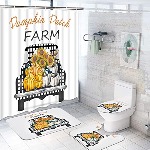 Ikfashoni 4Pcs Fall Shower Curtain Set with Non-Slip Rugs, Toilet Lid Cover and Bath Mat, Thanksgiving Farmhouse Truck Shower Curtain with 12 Hooks, Autumn Pumpkin Shower Curtain for Bathroom
