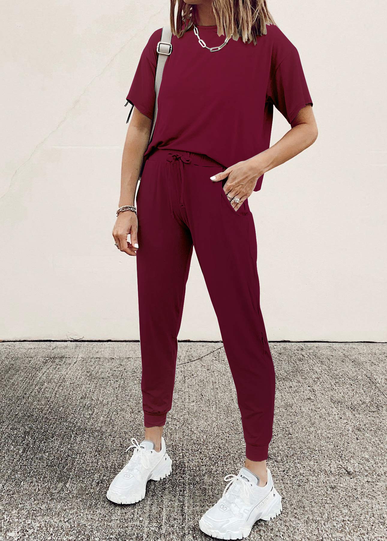 PRETTYGARDEN Women's Two Piece Outfit Short Sleeve Pullover with Drawstring Long Pants Tracksuit Jogger Set (Wine Red,XX-Large)