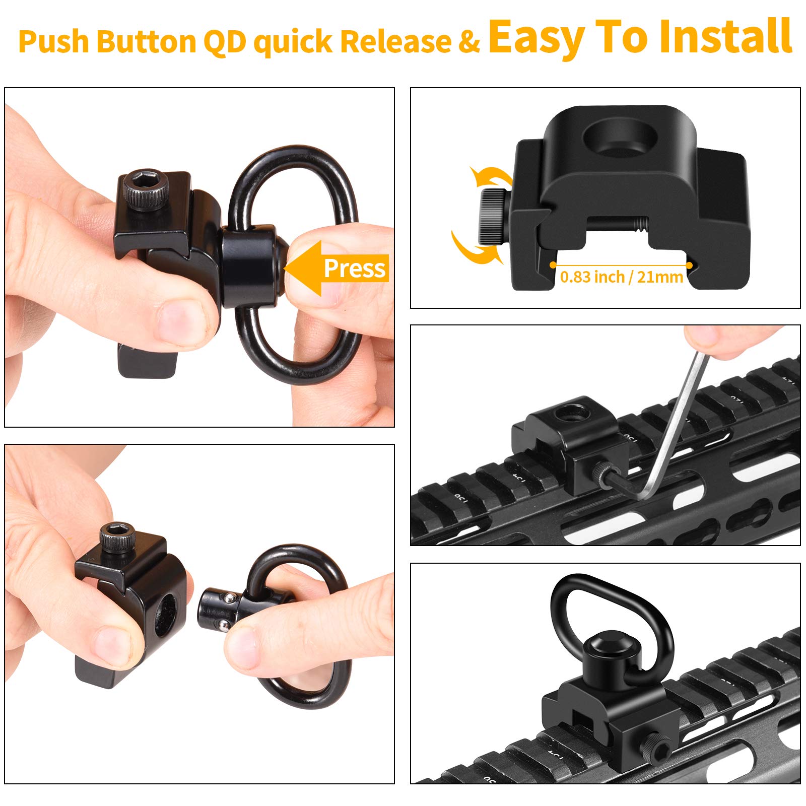 LONSEL 360° Rotation Picatinny Sling Swivel Mounts, 2 Point and Traditional Sling Picatinny Rail Mount with 1.25" Push Button QD Sling Swivels - Black (2 Pack)