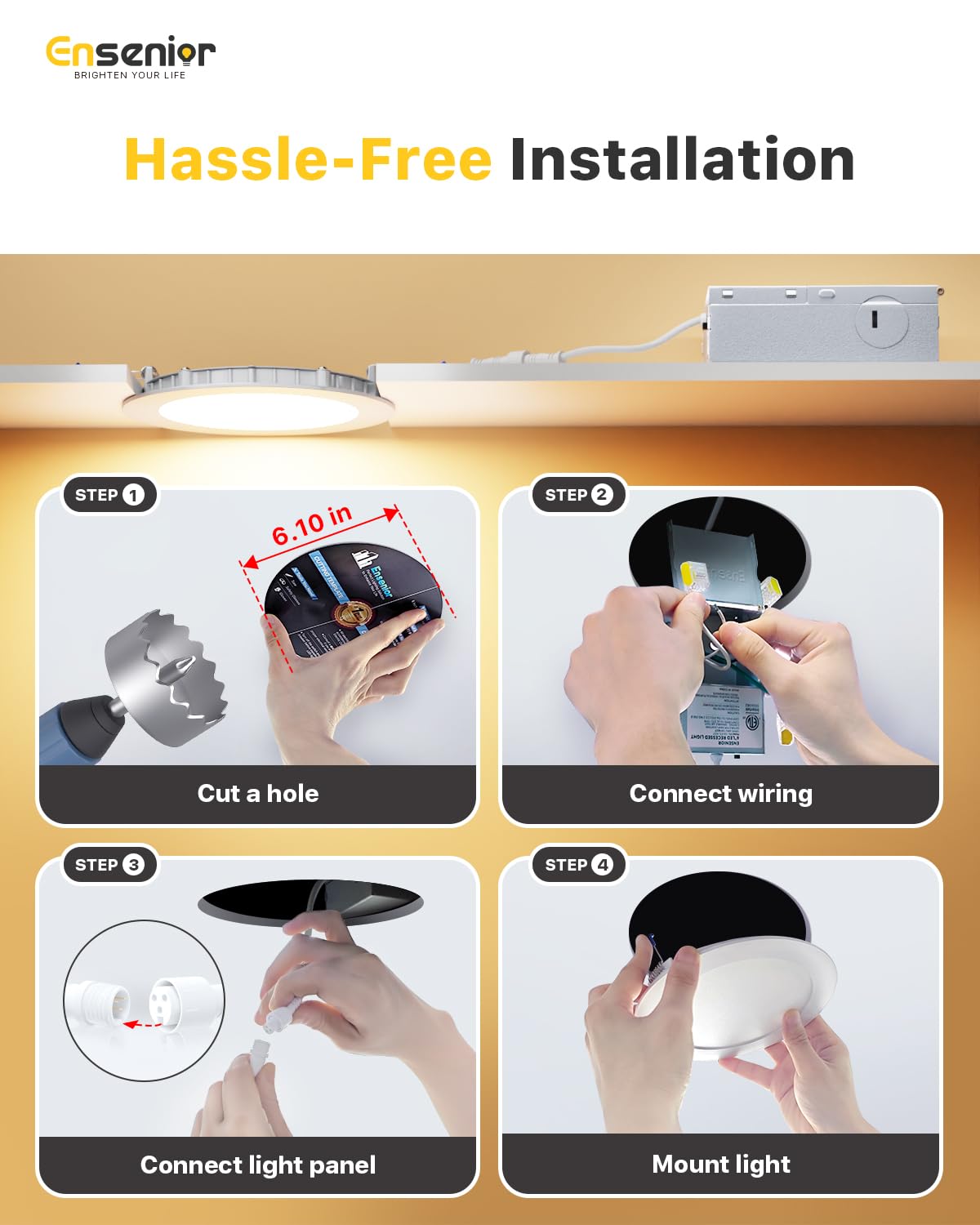 Ensenior 6 Pack 6 Inch LED Recessed Light, Dimmable, 2700K-5000K 5CCT, 1200LM High Brightness, 12W 120V, Damp Rated, Ultra-Thin Canless Wafer Ceiling Light - ETL & FCC & IC