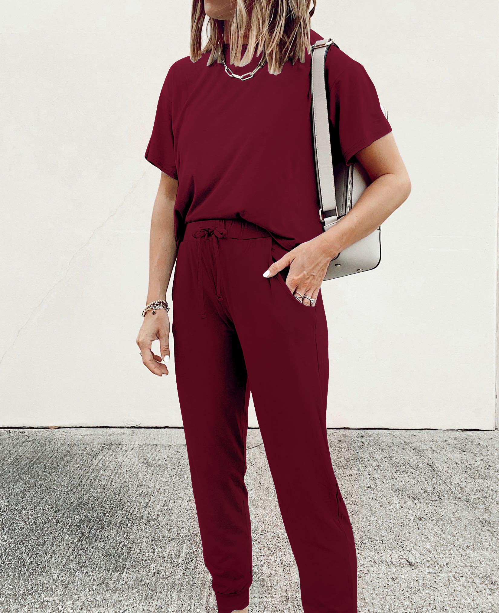 PRETTYGARDEN Women's Two Piece Outfit Short Sleeve Pullover with Drawstring Long Pants Tracksuit Jogger Set (Wine Red,XX-Large)