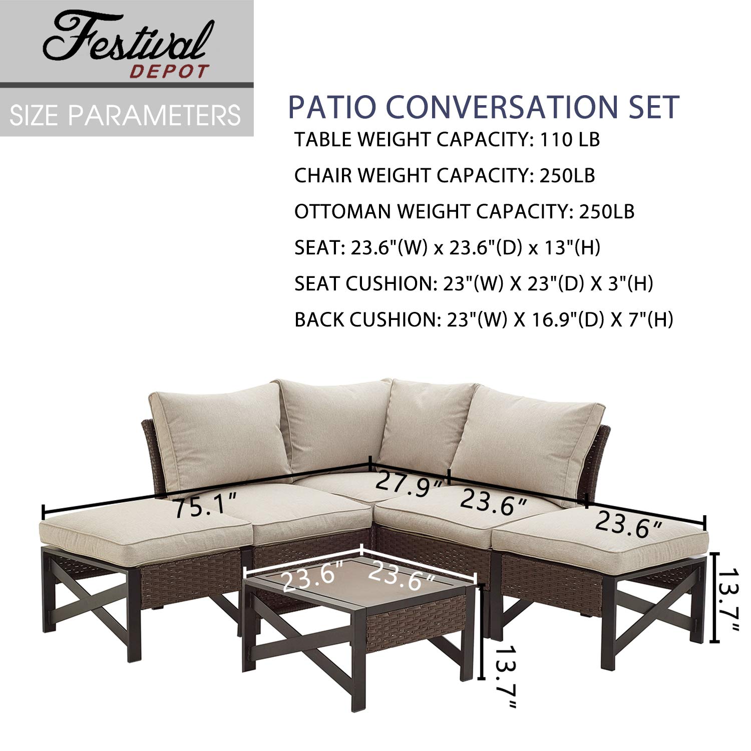 Festival Depot 6 Pieces Patio Outdoor Furniture Conversation Set Sectional Corner Sofa with All-Weather Brown PE Wicker Back Chair, Coffee Table, Ottoman and Thick Soft Removable Couch Cushions