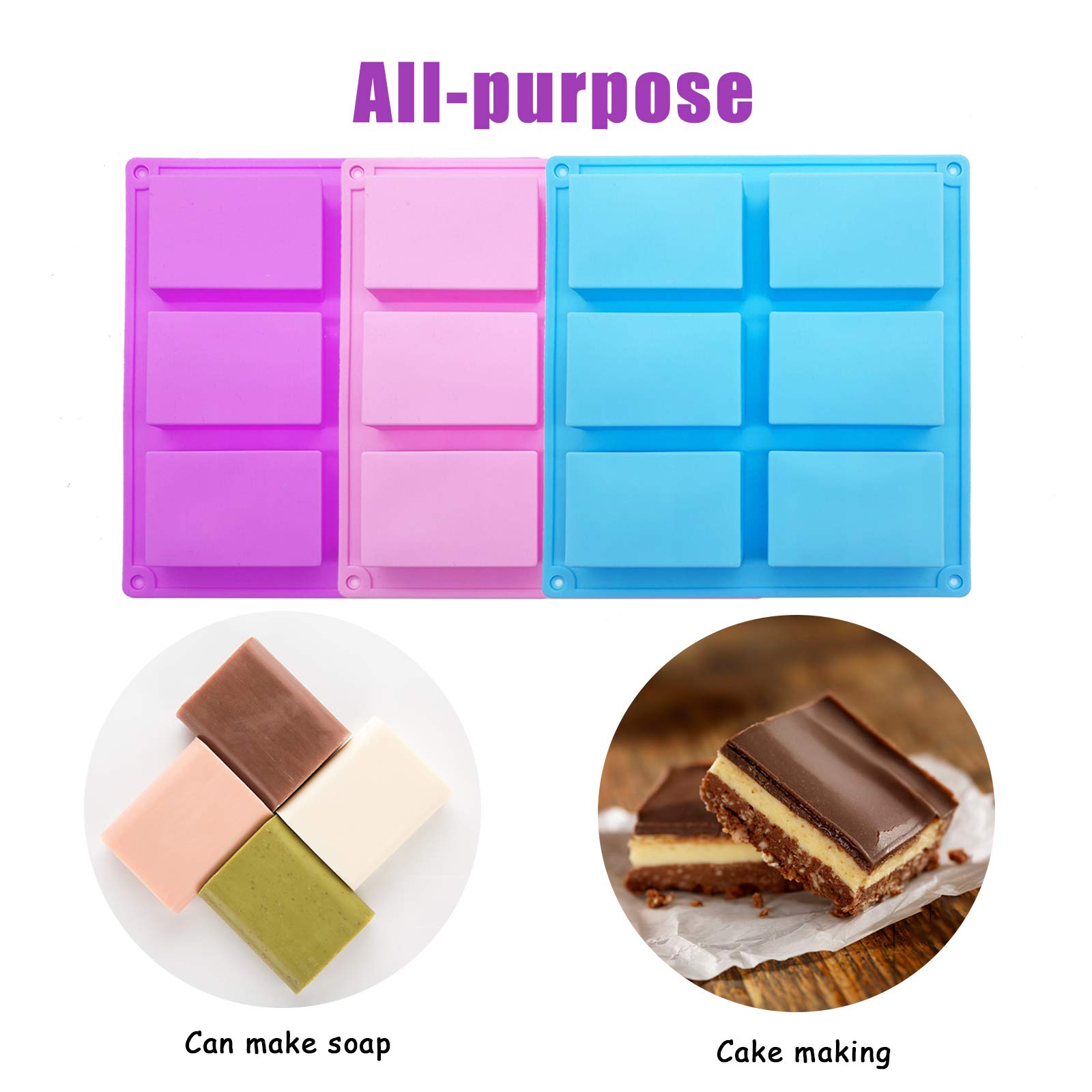 Silicone Soap Molds,6 Cavities Rectangle Silicone Molds for Homemade Craft Soap Mold, Cake Mold, Chocolate Mold & Ice Cube Tray -Molds Set of 3(Blue & Purple& Pink).
