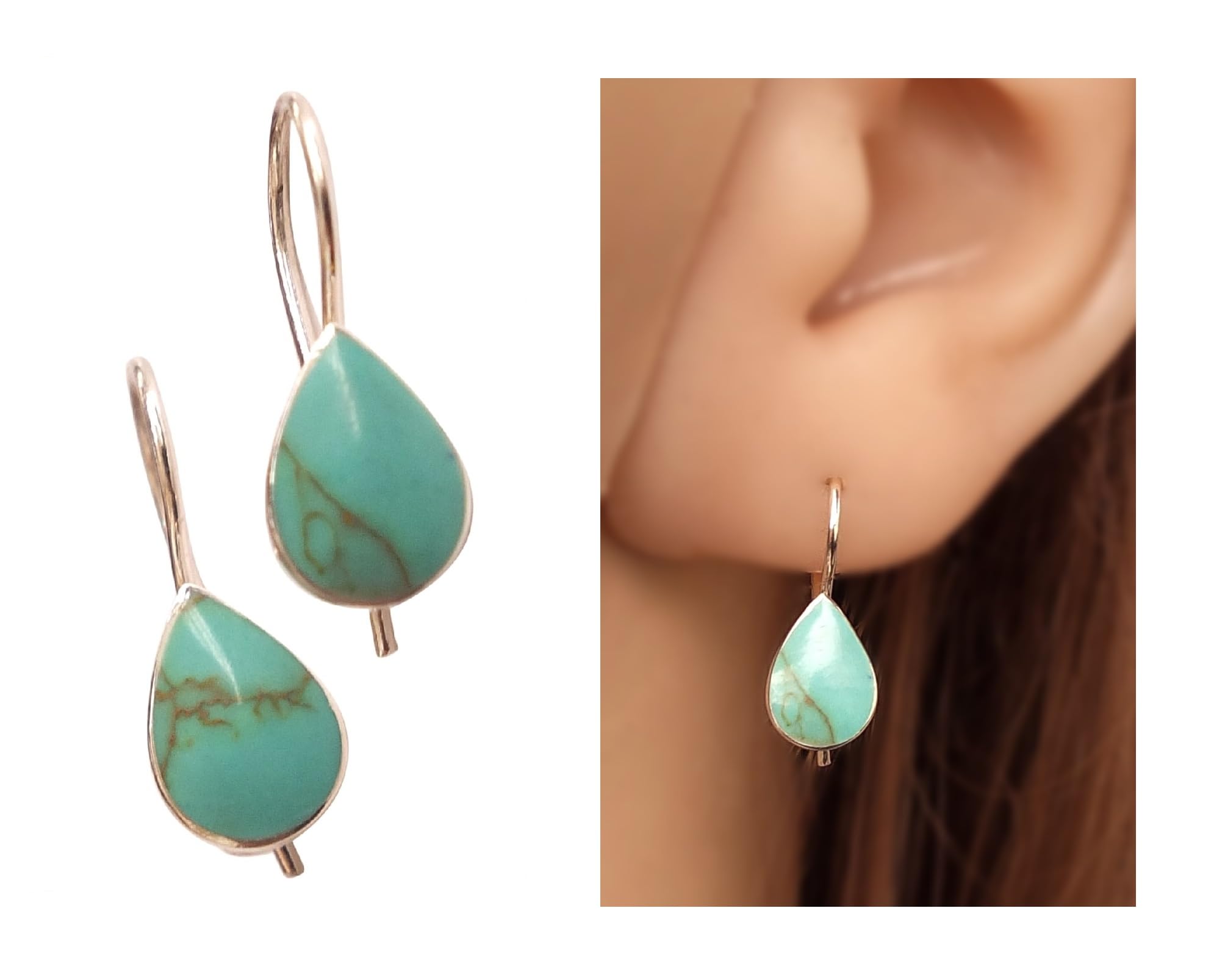 Handmade Turquoise Dangle Earrings, 925 Sterling Silver, Pear Shape 11x8mm Reconstructed Turquoise Gemstone Drop Earrings for Women, Tarnish & Water Resistant, By MiYa Jewelry Creations