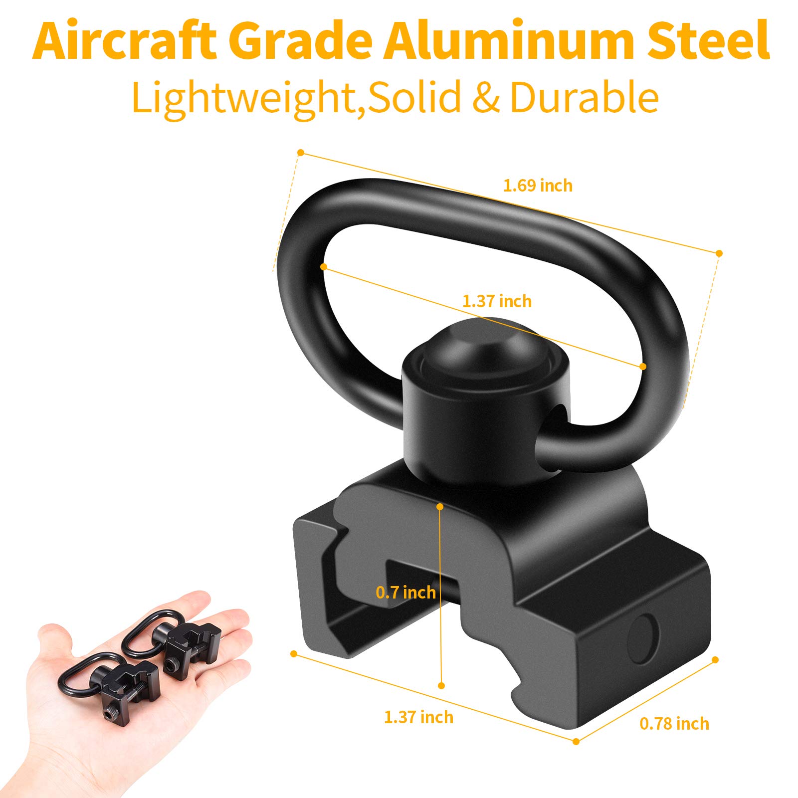LONSEL 360° Rotation Picatinny Sling Swivel Mounts, 2 Point and Traditional Sling Picatinny Rail Mount with 1.25" Push Button QD Sling Swivels - Black (2 Pack)