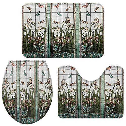 3 Piece Bath Rugs Sets, Large Flower Butterfly Dragonfly Grass Spring Non Slip Bathroom Carpet, Water Absorbent U-Shaped Toilet Mat, Toilet Lid Cover