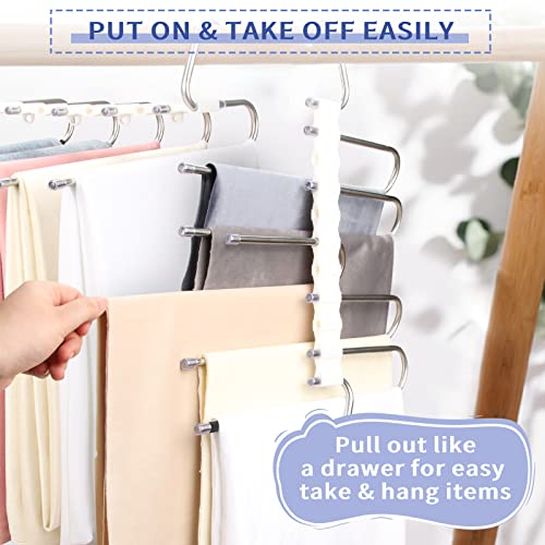 Pants Hangers Space Saving, 2 Pack Non-Slip Pants Rack Hanger Organizer for Closet, Stainless Steel Multiple Layers Multifunctional Pants Organizer for Clothes, Pants, Jeans, Scarf, Trousers