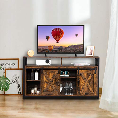 VINGLI Farmhouse TV Stand with Sliding Barn Doors for 65+ Inch TV Flat Screen, Rustic Entertainment Center Media Console Table Cabinet w/Adjustable Shelves (Rustic Brown)