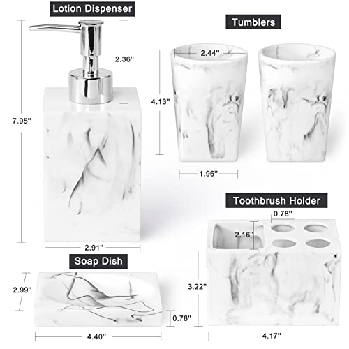 Haturi Bathroom Accessories Set, 5 Pcs Marble Look Bathroom Sets Soap Dispenser & Toothbrush Holder Set, Counter Top Restroom Apartment Decor Stuff, Resin Kits, Gift for Women and Men, Ink White