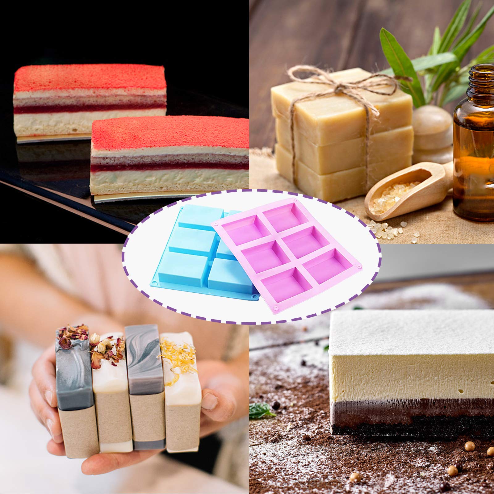 Silicone Soap Molds,6 Cavities Rectangle Silicone Molds for Homemade Craft Soap Mold, Cake Mold, Chocolate Mold & Ice Cube Tray -Molds Set of 3(Blue & Purple& Pink).