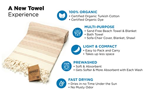 DEMMEX Certified 100% Organic Cotton & Organic Dye Prewashed XL Diamond Weave Turkish Cotton Towel Peshtemal Blanket for Bath,Beach,Pool,SPA,Gym, 71x36 Inches,14 Oz (Beige)