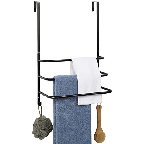 Over The Door Towel Rack Bathroom Towel Rack Holder with 2 Hooks Over The Door Hooks Organizer Hanger for Bathroom, Living Room, Bedroom Decor, Bathroom Accessories, Black