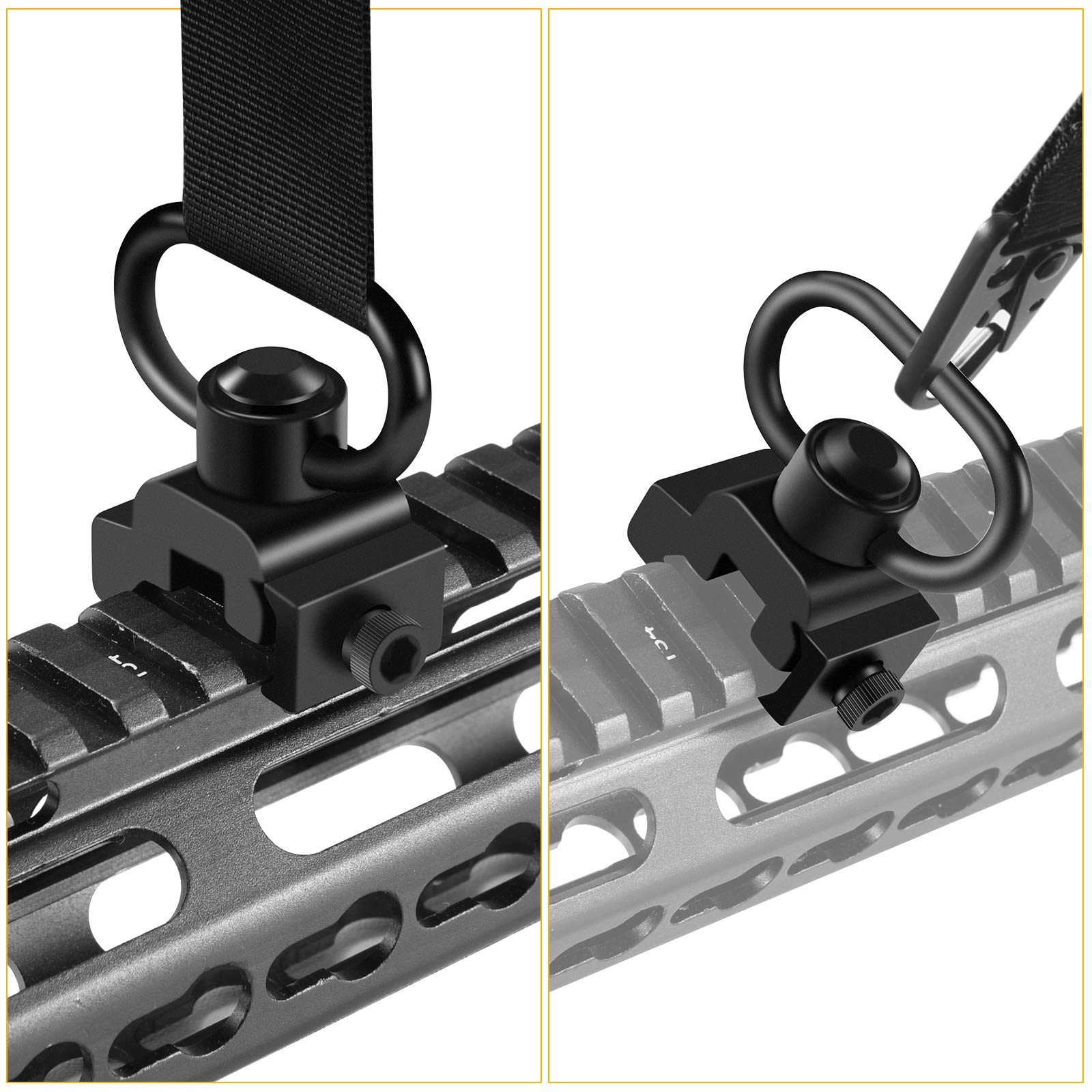 LONSEL 360° Rotation Picatinny Sling Swivel Mounts, 2 Point and Traditional Sling Picatinny Rail Mount with 1.25" Push Button QD Sling Swivels - Black (2 Pack)
