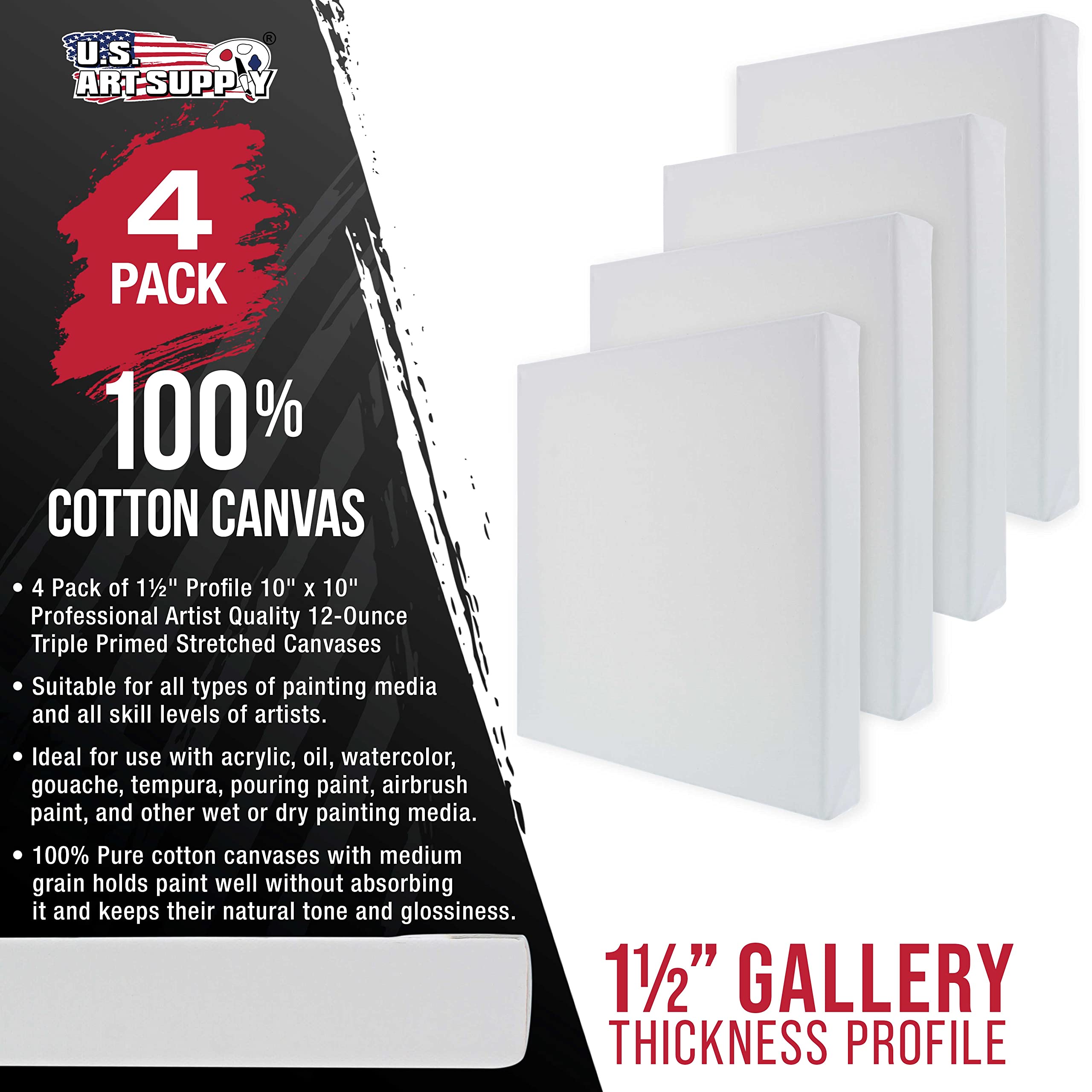 U.S. Art Supply Square Stretched Canvas for Painting 10x10 inch Gallery Depth 1-1/2" Thick, 5-Pack - 12oz Acrylic Gesso Triple Primed, Professional Artist Quality, 100% Cotton - Pouring, Oil Paint