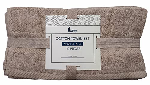 Linteum Textile Washcloth Set 100% Soft Cotton Zero Twist 16 Single Ring Spun Premium Washcloths Face Towel (Taupe) 12 Piece 13x13 Inch