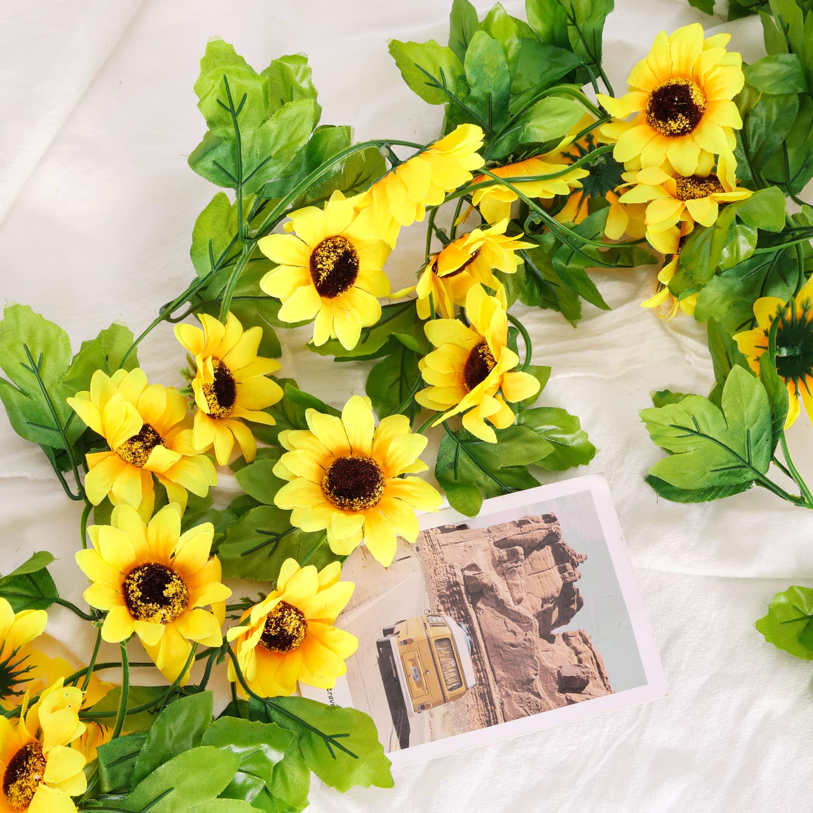 Whonline 8pcs 60ft Artificial Sunflower Garlands Silk Yellow Sunflower Vines with Green Leaves Sunflower Garland for Room Decor Party Decorations Wedding Arch Table Centerpiece Backdrop