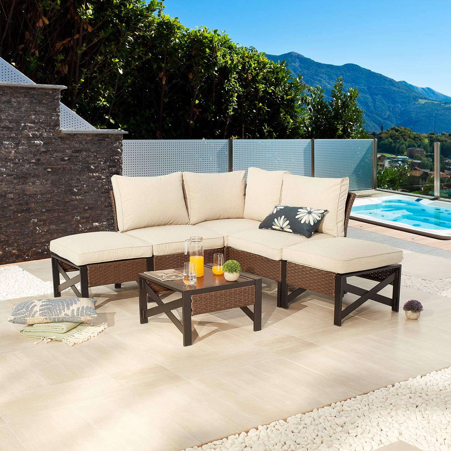 Festival Depot 6 Pieces Patio Outdoor Furniture Conversation Set Sectional Corner Sofa with All-Weather Brown PE Wicker Back Chair, Coffee Table, Ottoman and Thick Soft Removable Couch Cushions
