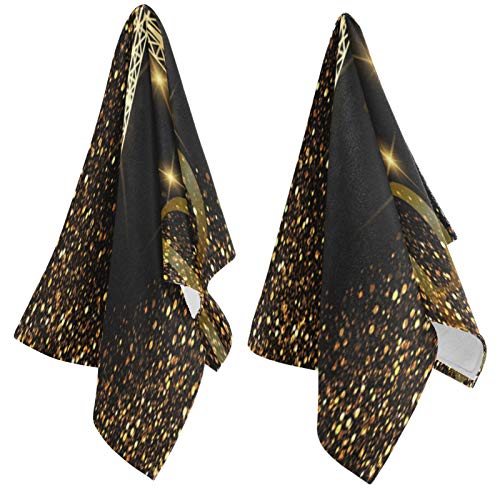 Naanle Chic Gold Glittering Eiffel Tower Paris Print Luxury 2 Piece Soft Fluffy Guest Decor Hand Towels, Multipurpose for Bathroom, Hotel, Gym and Spa (14" x 28",Black)