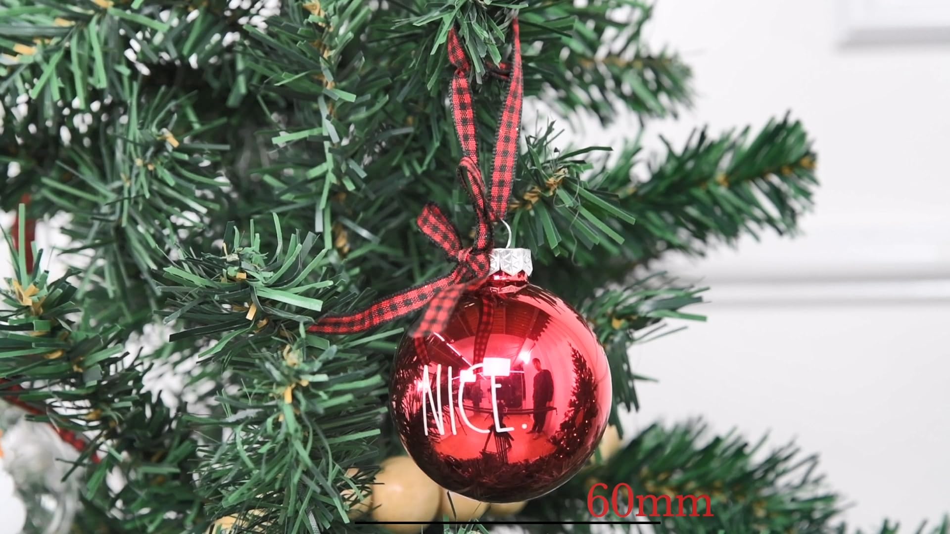 Rae Dunn Christmas Ornaments - Set of 6 Glass Balls - Red, Green, Clear - Peace, Love, Joy, Hope, Wish, Nice - 60mm / 2.36 Inch Hanging Holiday Decorations for Xmas Tree