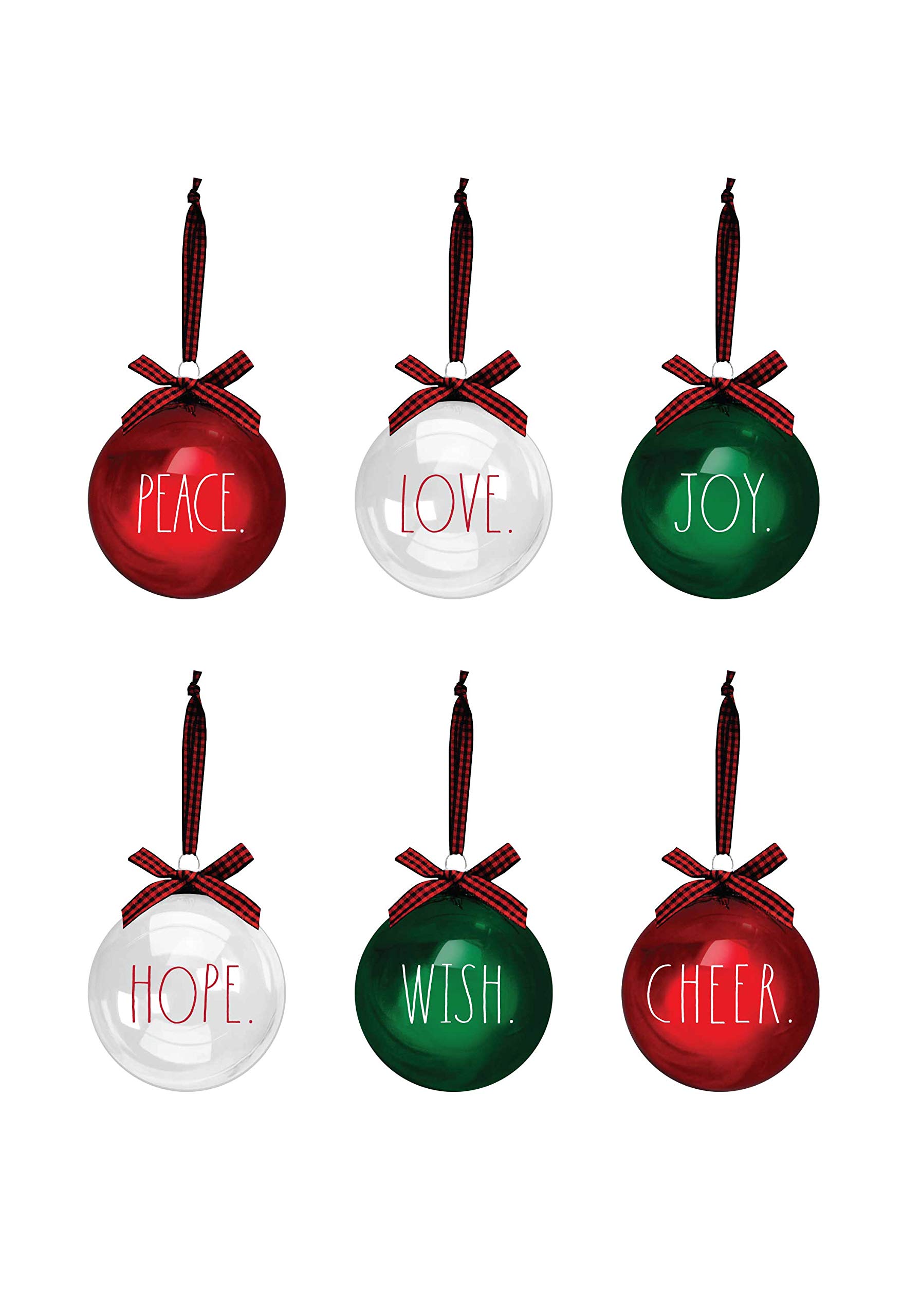 Rae Dunn Christmas Ornaments - Set of 6 Glass Balls - Red, Green, Clear - Peace, Love, Joy, Hope, Wish, Nice - 60mm / 2.36 Inch Hanging Holiday Decorations for Xmas Tree