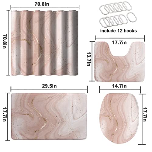 Zmcongz Abstract Marble Shower Curtain Set with Rugs for Bathroom Decor Liquid Pink Marble Luxury Gold Foil Waterproof Fabric Cloth Bath Curtain, Non-Slip Bathroom Rugs Bath Mats, 72x72 Inch