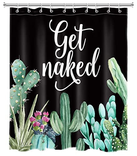 LB Sage Green Cactus Plant Shower Curtain Decor,Purple Flower and Succulent Botanical on Black Shower Curtains for Bathroom 60X72 inch Polyester Fabric Bathroom Decoration Bath Curtains Hooks Included