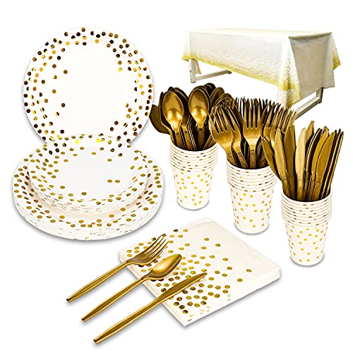 176 Pieces Gold Disposable Party Dinnerware Set &Golden Dot Disposable Party Dinnerware - Black Paper Plates Napkins Cups, Gold Plastic Forks Knives Spoons