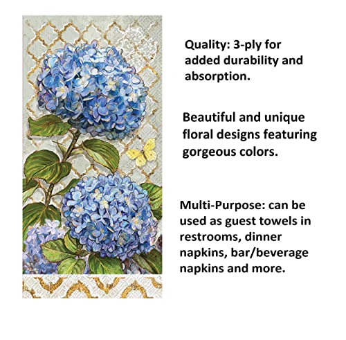 Floral Hand Towels Sets: Quality Disposable Paper Hand Towels Featuring Beautiful Flower Themes - 32 Total Floral Paper Guest Towels Per Set (Blue Heirloom)