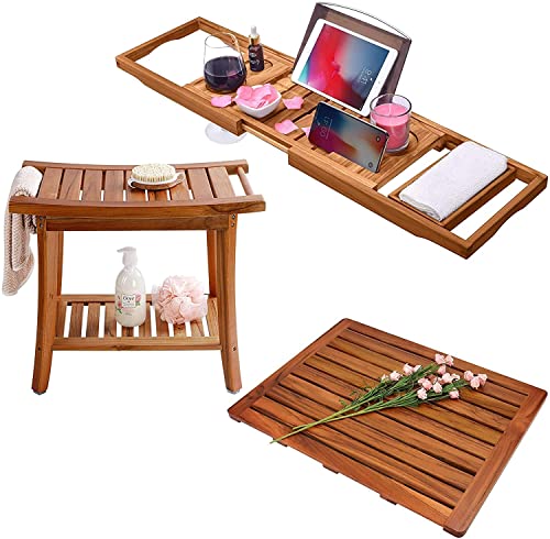 Utoplike Non Slip Teak Wood Bath Shower Mat, Teak Bathtub Caddy Tray Bath Tray, Teak Shower Bench Seat with Handles Set