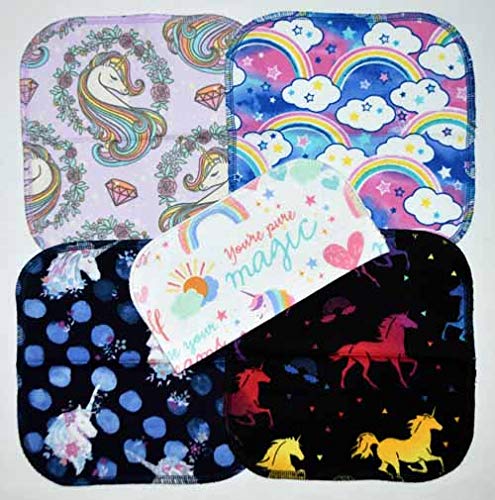 1 Ply Printed Flannel 8x8 Inches Little Wipes Set of 5 Unicorns and Rainbows