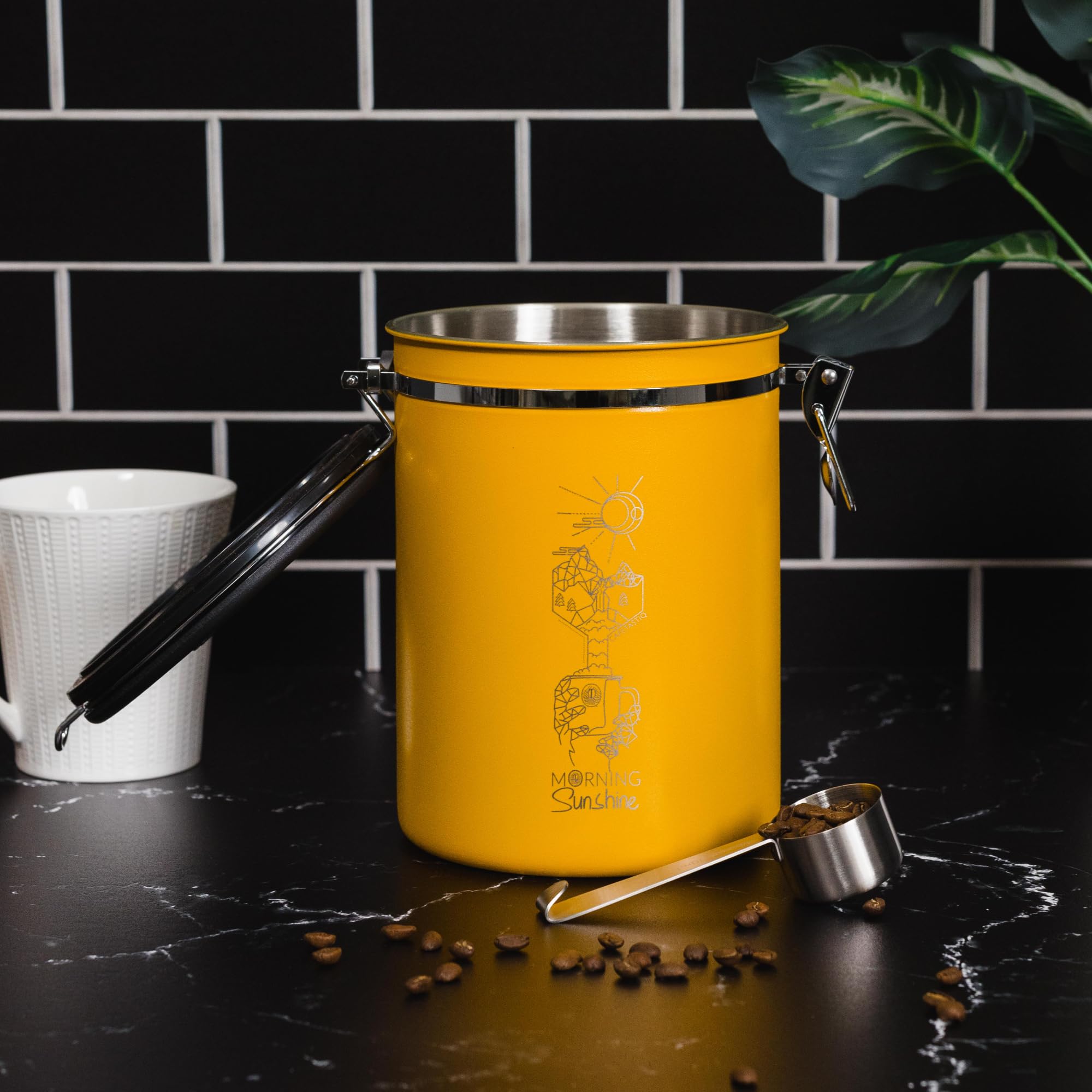 CafetastiQ 38oz / 22oz Coffee Canister β Airtight Stainless Steel Storage Container with Date Tracker & Scoop, Sealed Jar for Grounds, Beans, Tea, Flour, Cereal, and Sugar (Yellow Morning, 38OZ)