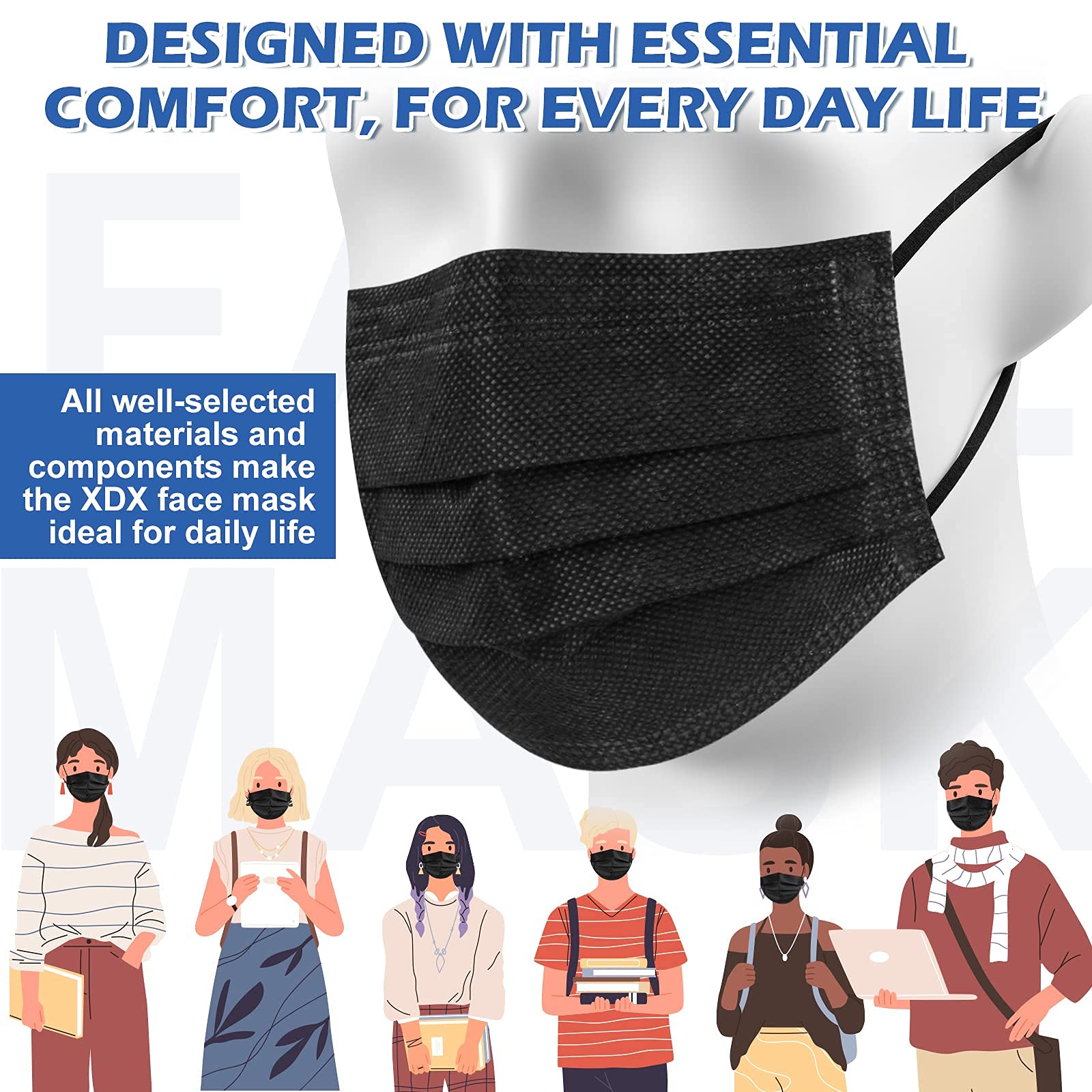 XDX Black Disposable Face Masks, 50 Pack- 4 Layer Individually Wrapped Masks for Women, Men, Unisex Adults, Breathable Black Masks for Adults