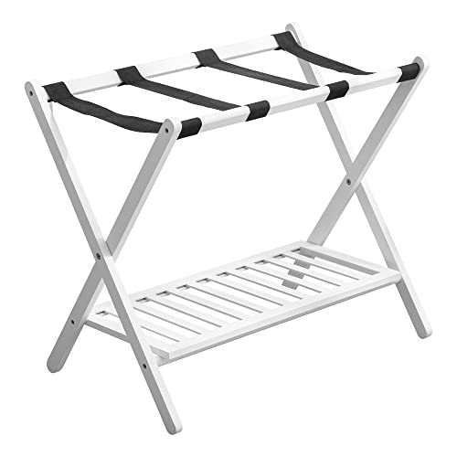 Zoopolyn Luggage Rack with Storage Shelf for Guest Room Folding Suitcase Bamboo Stand Hotel Bedroom White