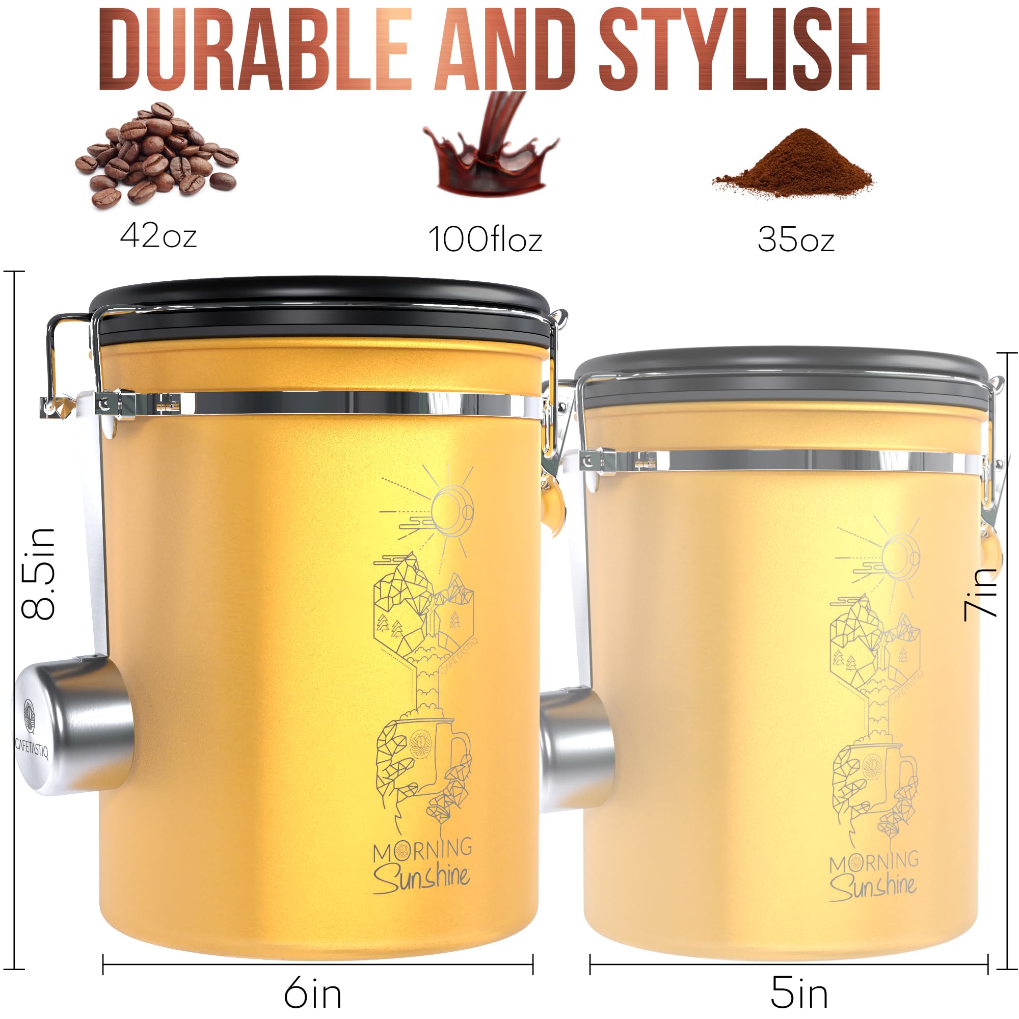 CafetastiQ 38oz / 22oz Coffee Canister β Airtight Stainless Steel Storage Container with Date Tracker & Scoop, Sealed Jar for Grounds, Beans, Tea, Flour, Cereal, and Sugar (Yellow Morning, 38OZ)