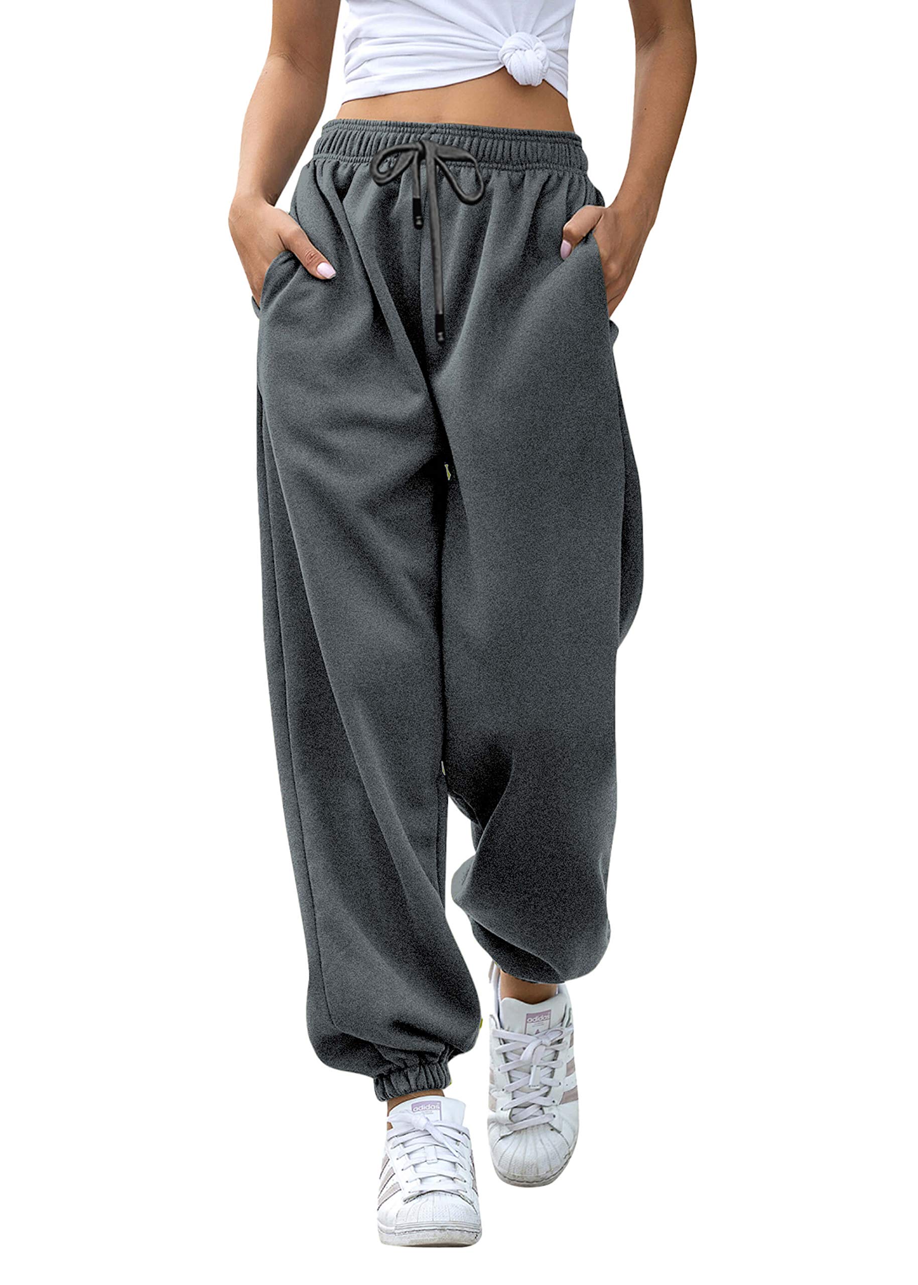 Comfy Sweatpants Women Girls Joggers Light Weight High Waisted Cuffed Yoga Cute Sport Gym Athletic Fit Lounge Pants Dark Grey XL