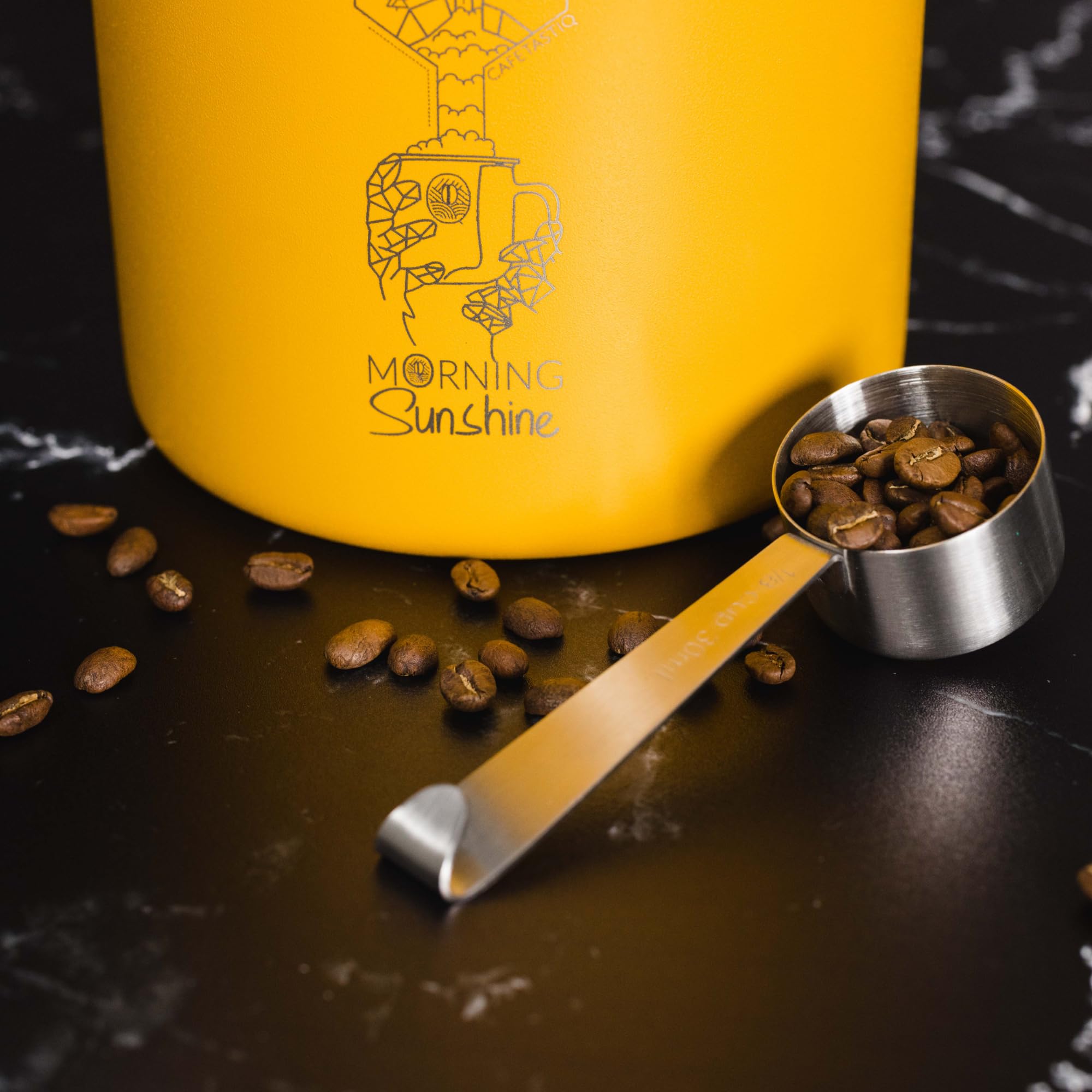 CafetastiQ 38oz / 22oz Coffee Canister β Airtight Stainless Steel Storage Container with Date Tracker & Scoop, Sealed Jar for Grounds, Beans, Tea, Flour, Cereal, and Sugar (Yellow Morning, 38OZ)