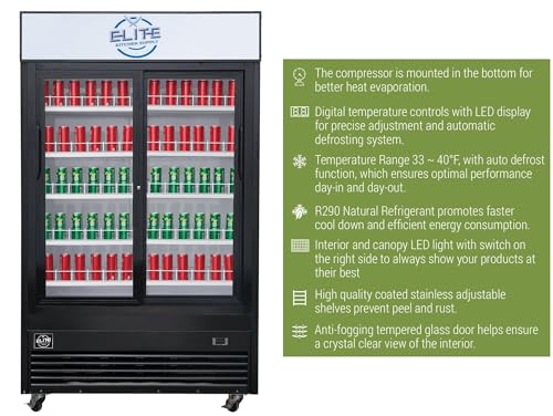 Elite Kitchen Supply Commercial 2 Sliding Glass Door Refrigerator Merchandiser, ETL NSF Upright Display Fridge Cooler Stainless Steel 2 Section 47" W 33.3 cu. ft. Fan Cooling, Restaurant