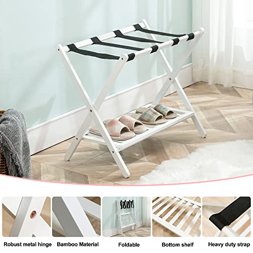 Zoopolyn Luggage Rack with Storage Shelf for Guest Room Folding Suitcase Bamboo Stand Hotel Bedroom White