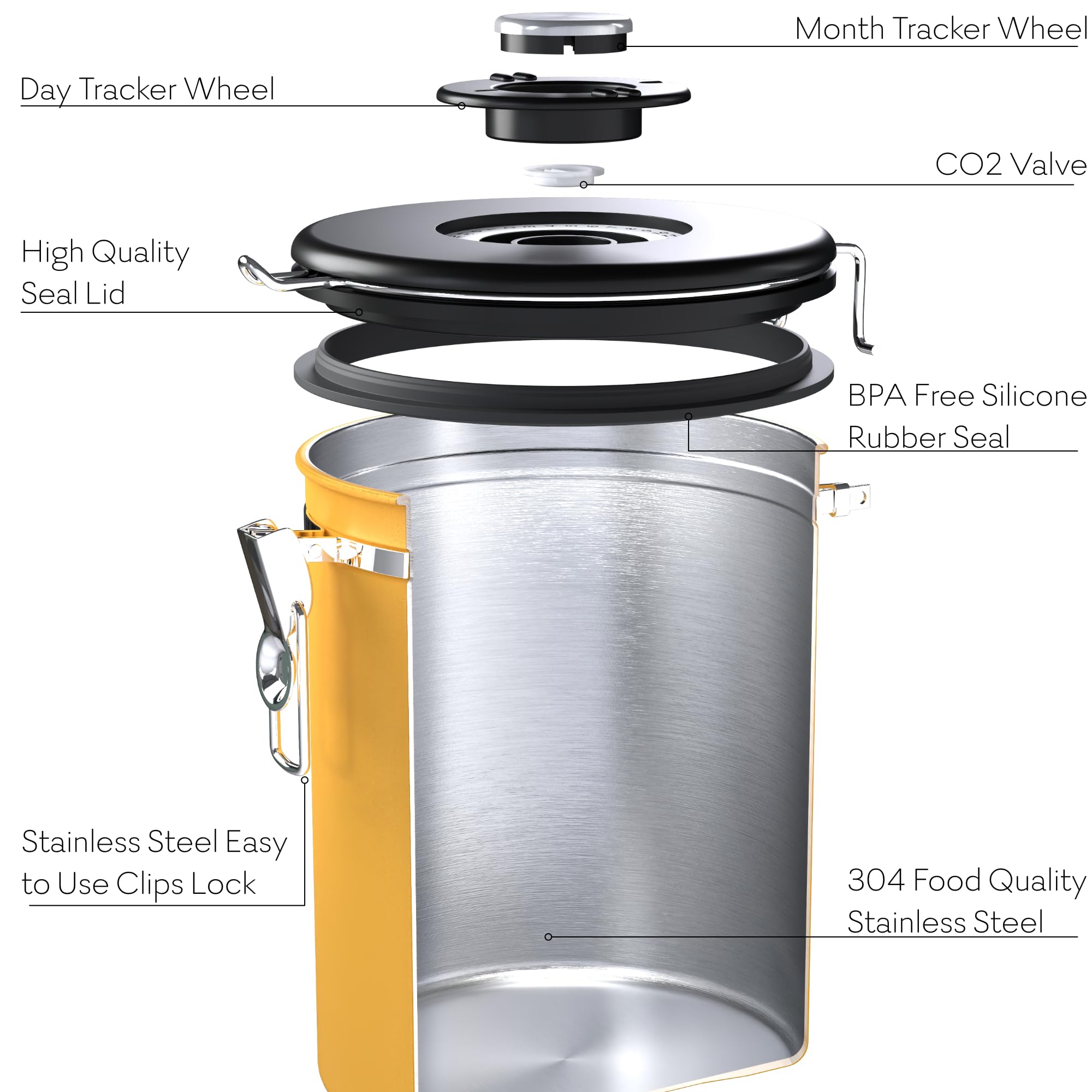 CafetastiQ 38oz / 22oz Coffee Canister β Airtight Stainless Steel Storage Container with Date Tracker & Scoop, Sealed Jar for Grounds, Beans, Tea, Flour, Cereal, and Sugar (Yellow Morning, 38OZ)