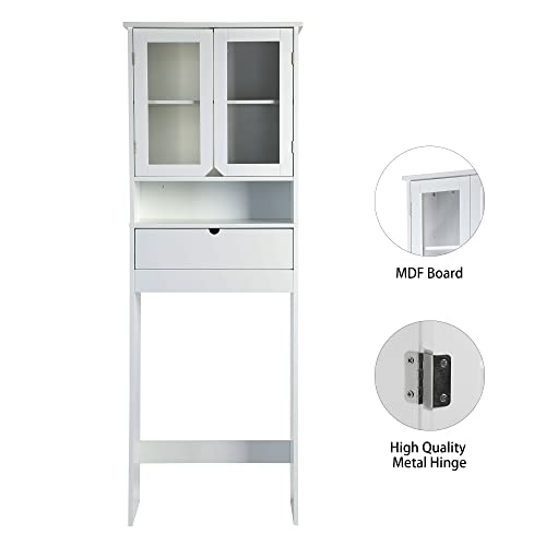 HOME BI Over The Toilet Storage Cabinet, Free Standing Toilet Rack with Drawer and Acrylique Doors for Toilet Shelf (White)