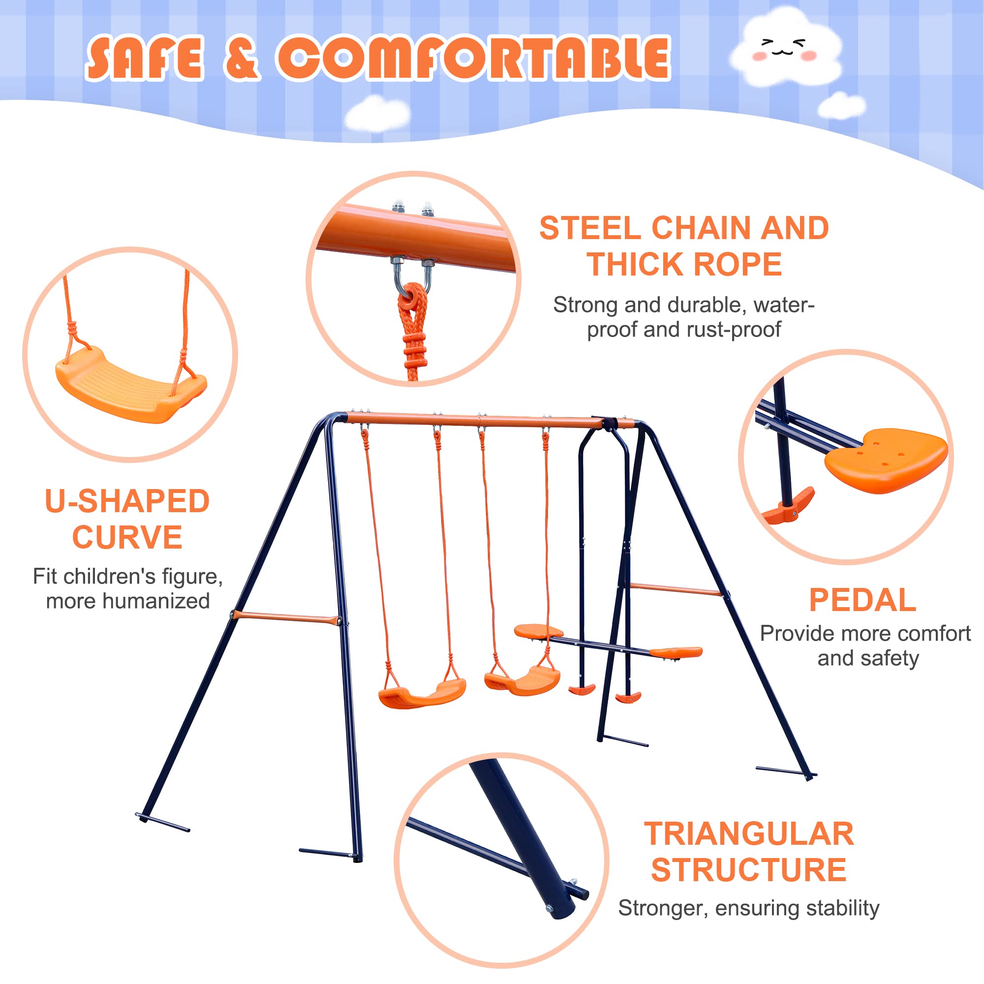 Nova Microdermabrasion Outdoor Swing Sets for Backyard, 440lbs Load Capacity Swing Stand with 2 Seats and 1 Swing Glider, Heavy Duty A-Frame Metal Outdoor Swing Set for Kids