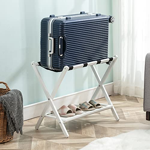 Zoopolyn Luggage Rack with Storage Shelf for Guest Room Folding Suitcase Bamboo Stand Hotel Bedroom White