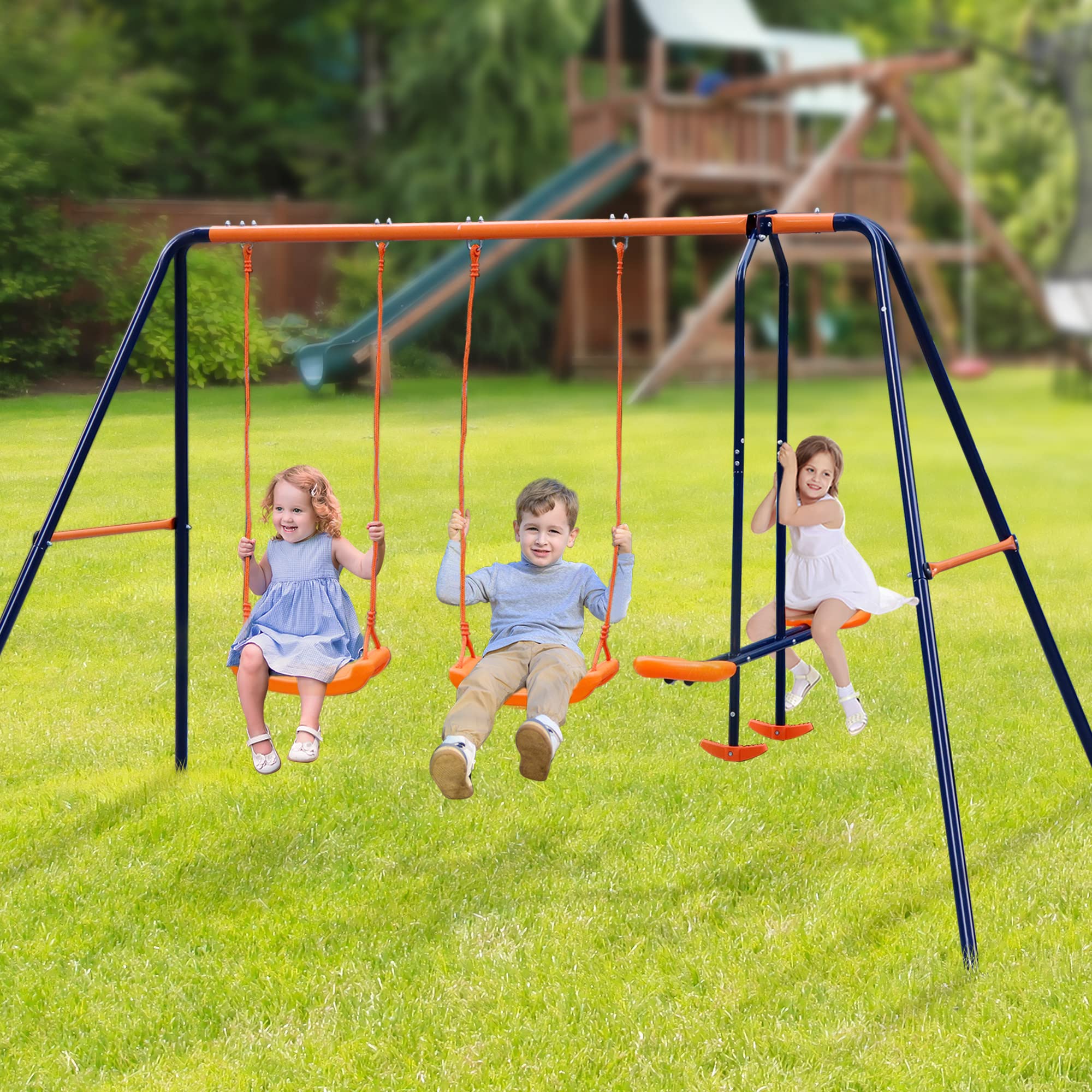 Nova Microdermabrasion Outdoor Swing Sets for Backyard, 440lbs Load Capacity Swing Stand with 2 Seats and 1 Swing Glider, Heavy Duty A-Frame Metal Outdoor Swing Set for Kids