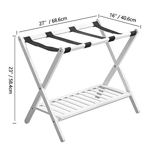 Zoopolyn Luggage Rack with Storage Shelf for Guest Room Folding Suitcase Bamboo Stand Hotel Bedroom White