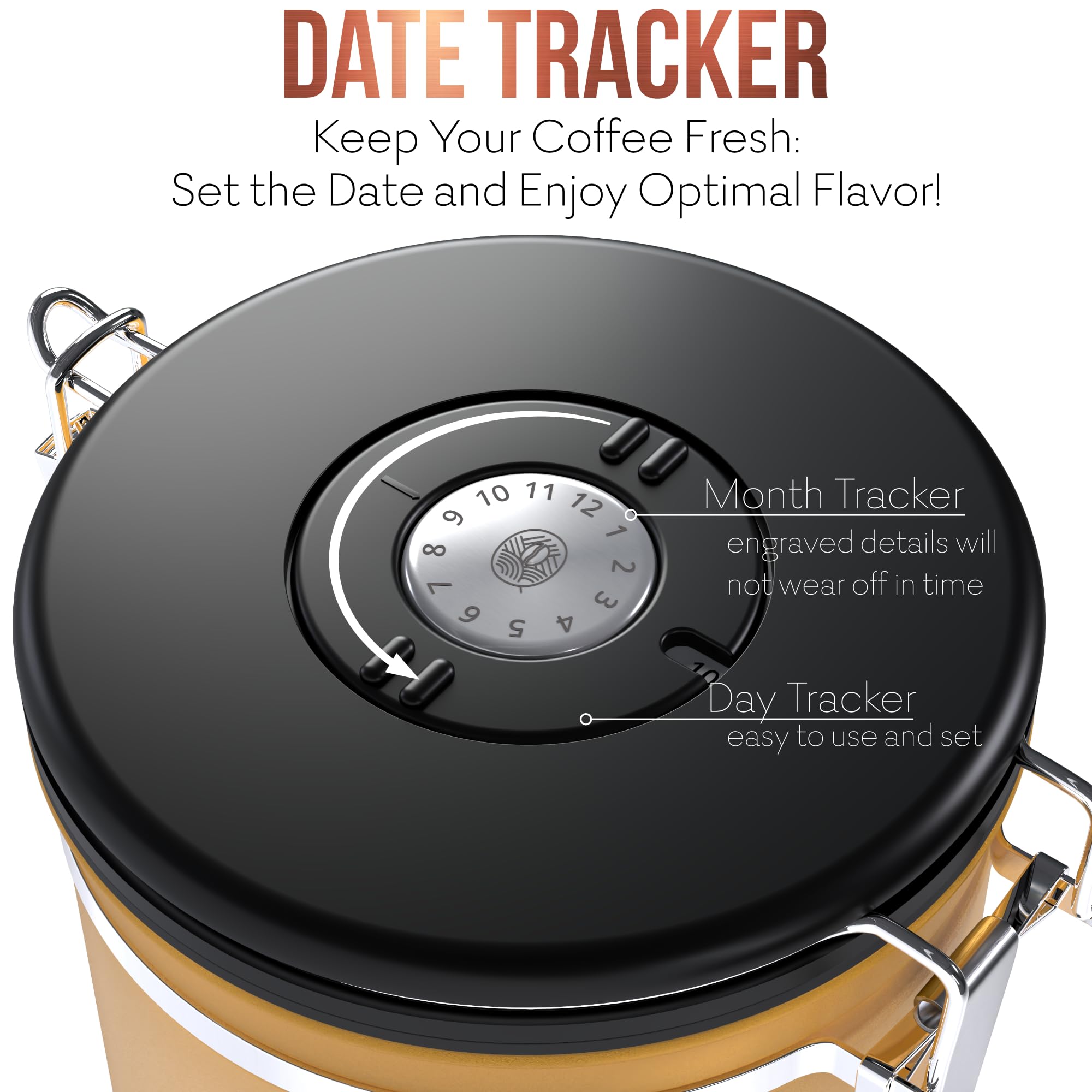 CafetastiQ 38oz / 22oz Coffee Canister β Airtight Stainless Steel Storage Container with Date Tracker & Scoop, Sealed Jar for Grounds, Beans, Tea, Flour, Cereal, and Sugar (Yellow Morning, 38OZ)
