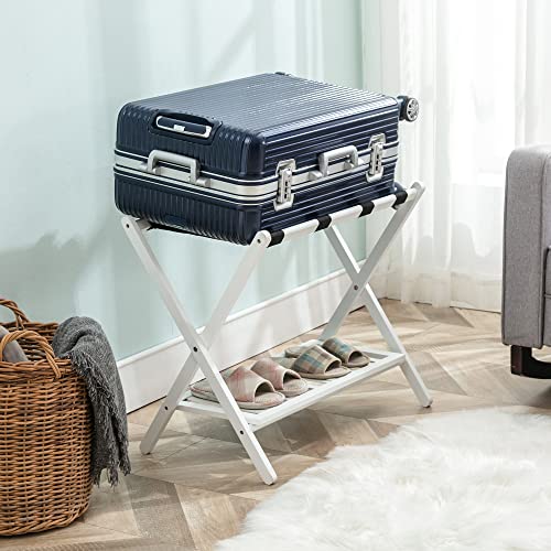 Zoopolyn Luggage Rack with Storage Shelf for Guest Room Folding Suitcase Bamboo Stand Hotel Bedroom White