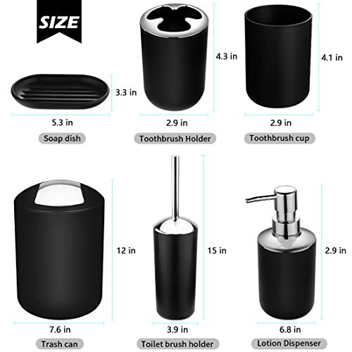 Papillon Bathroom Accessories Set-6 Piece Plastic Gift Set Toothbrush Holder,Toothbrush Cup,Soap Dispenser,Soap Dish,Toilet Brush Holder,Trash Can,Tumbler Straw Set Bathroom (Black)