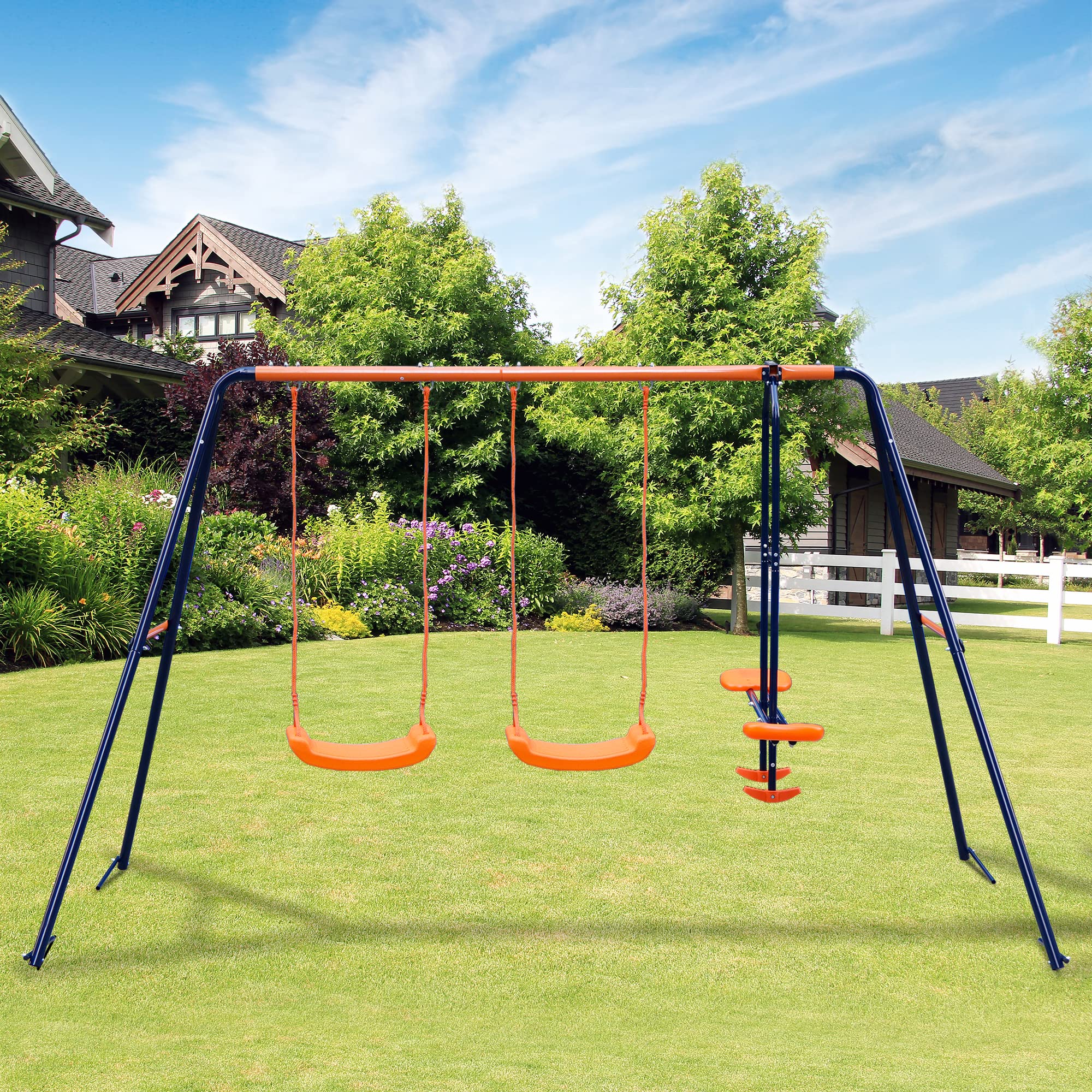 Nova Microdermabrasion Outdoor Swing Sets for Backyard, 440lbs Load Capacity Swing Stand with 2 Seats and 1 Swing Glider, Heavy Duty A-Frame Metal Outdoor Swing Set for Kids